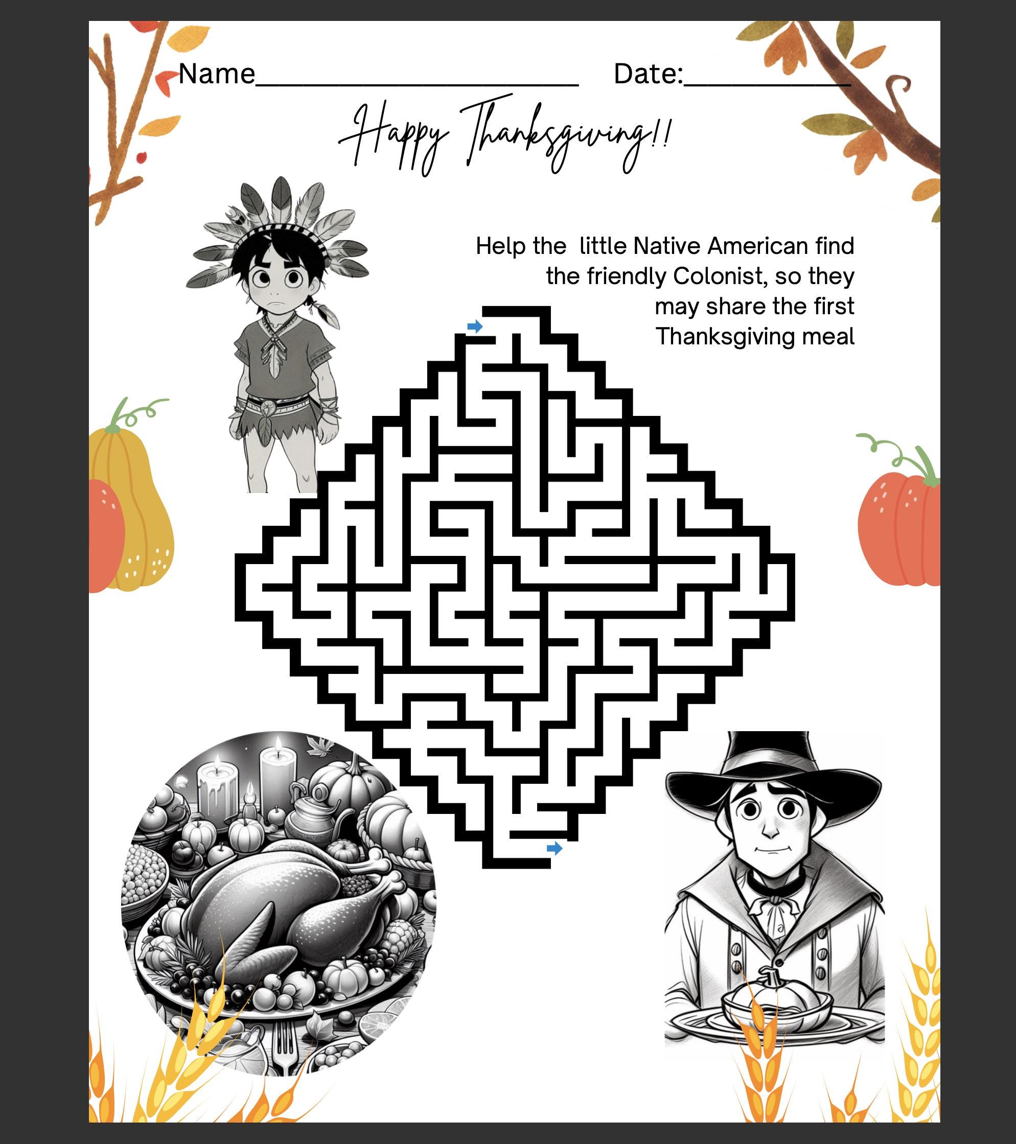 Printable Thanksgiving Maze Activity Worksheet. Objective Important for ...