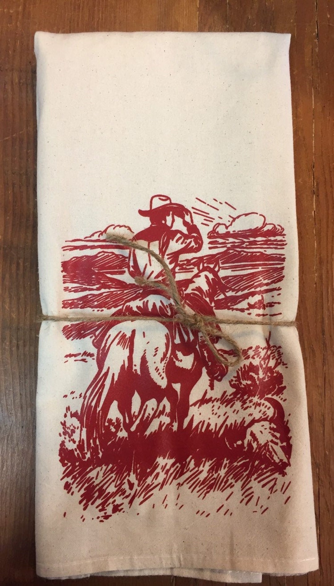 Retro Vintage Cowboy on Horse Original Screenprint Tea Towel Organic ...