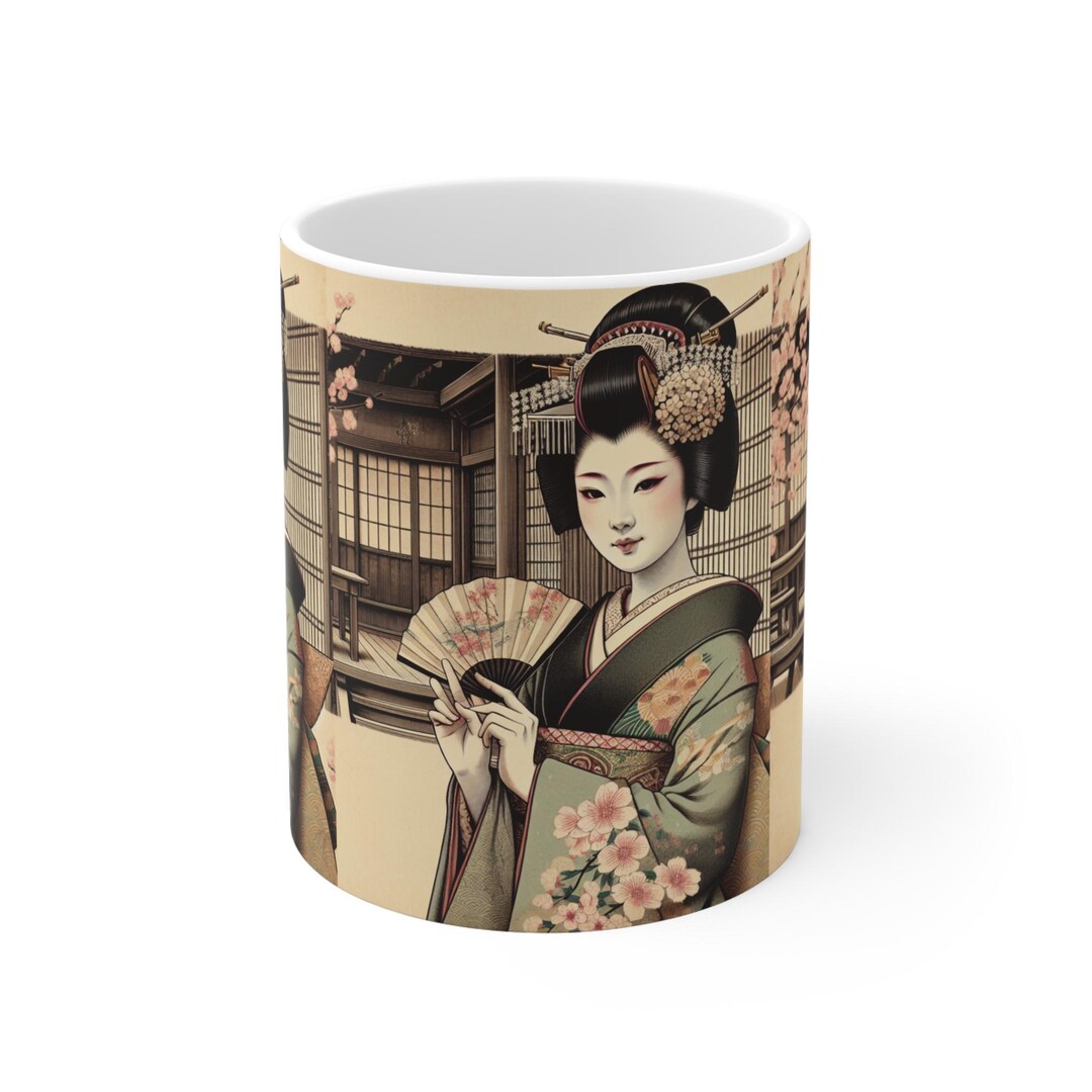 Japanese Geisha New Year Scene Mug, Oriental Tea Cup, Asian Culture ...