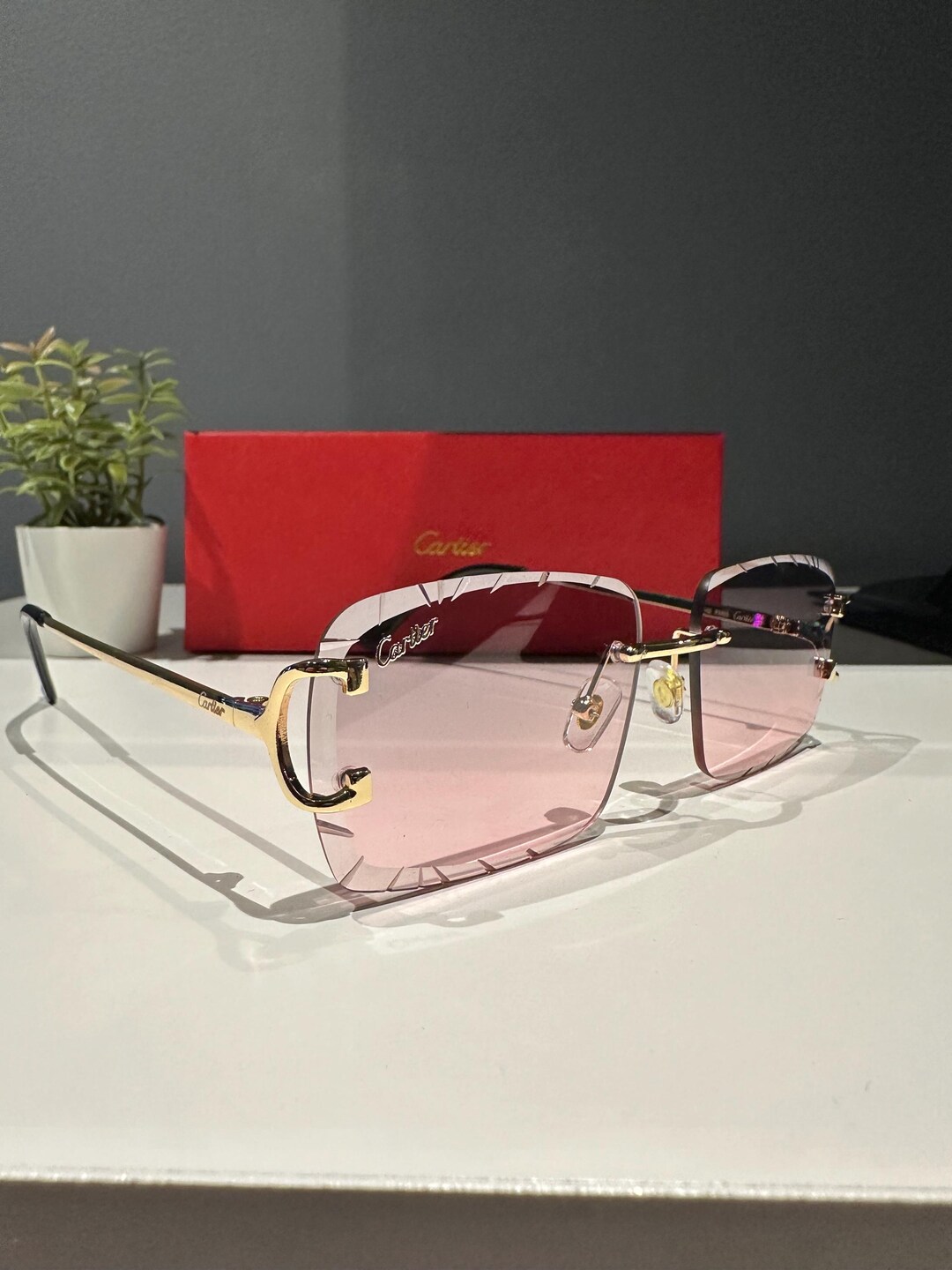 Cartier Sunglasses Pink With Gold Frame Dimond Cut - Etsy