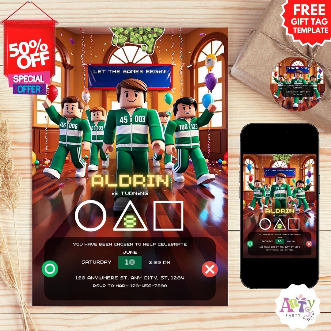 Blox Squid Game Birthday Invitation, FREE Gift Tag Template, Squid Game ...