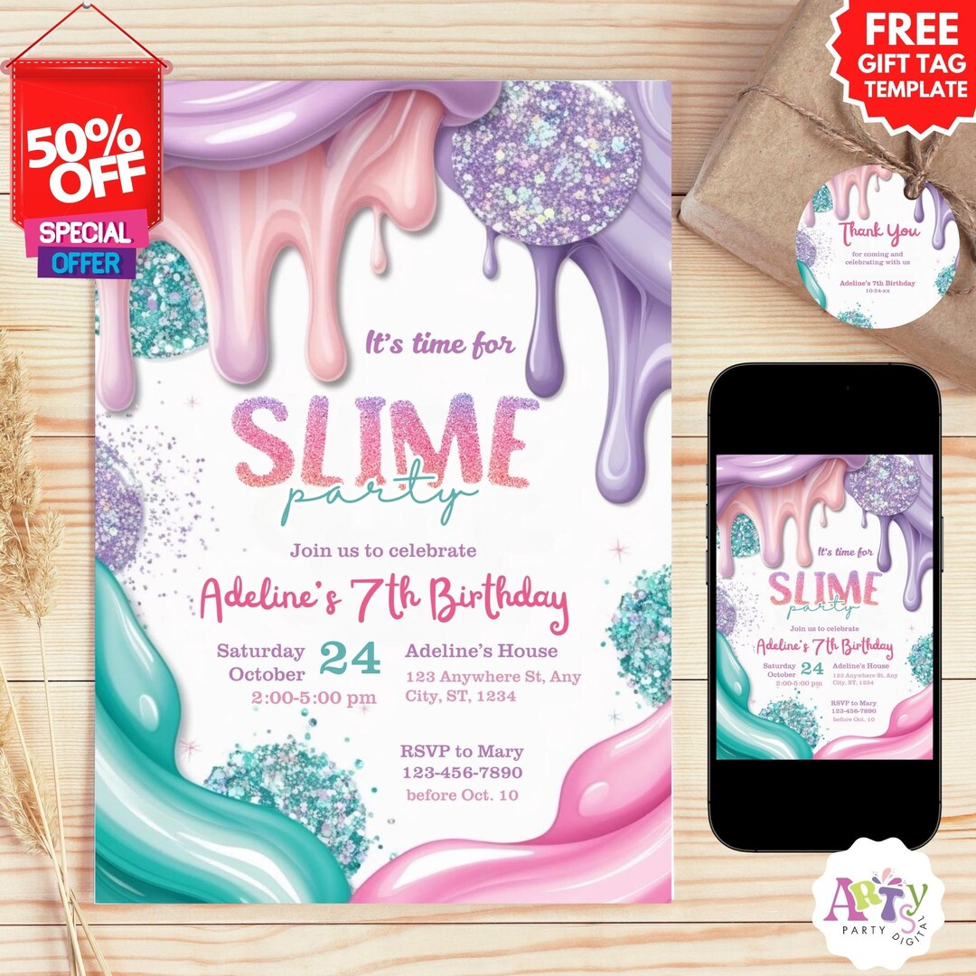 Water Slime Birthday Invitation, Free Gift Tag Template, Water Slime ...
