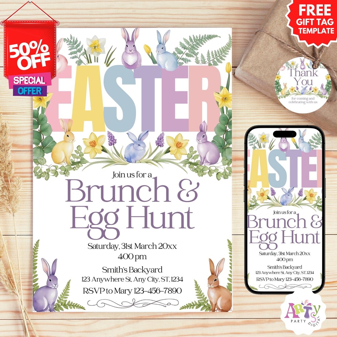The Hunt is on Easter Egg Hunt Invite, FREE Gift Tag Template, Easter ...