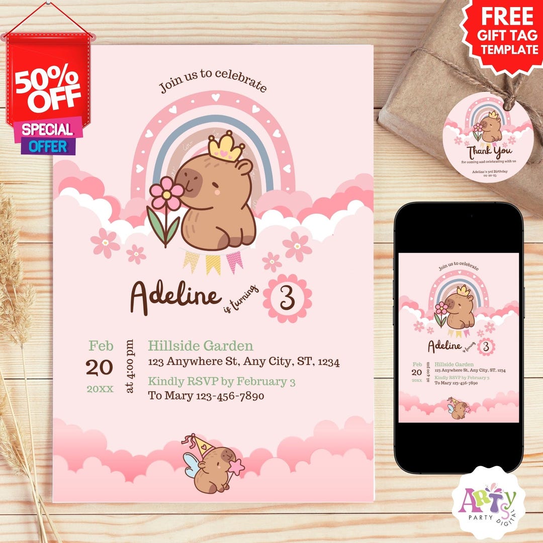 Capybara Birthday Invitation, FREE Gift Tag Template, Capybara Party ...