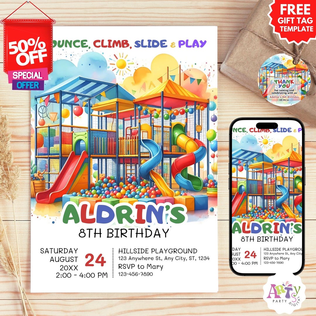 Editable Playground Birthday Invitation, Climb Jump Slide and Play ...