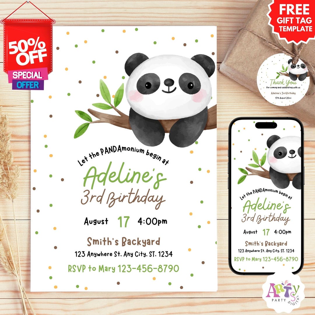 Panda Birthday Invitation, Editable Cute Panda Bear Party Invite ...