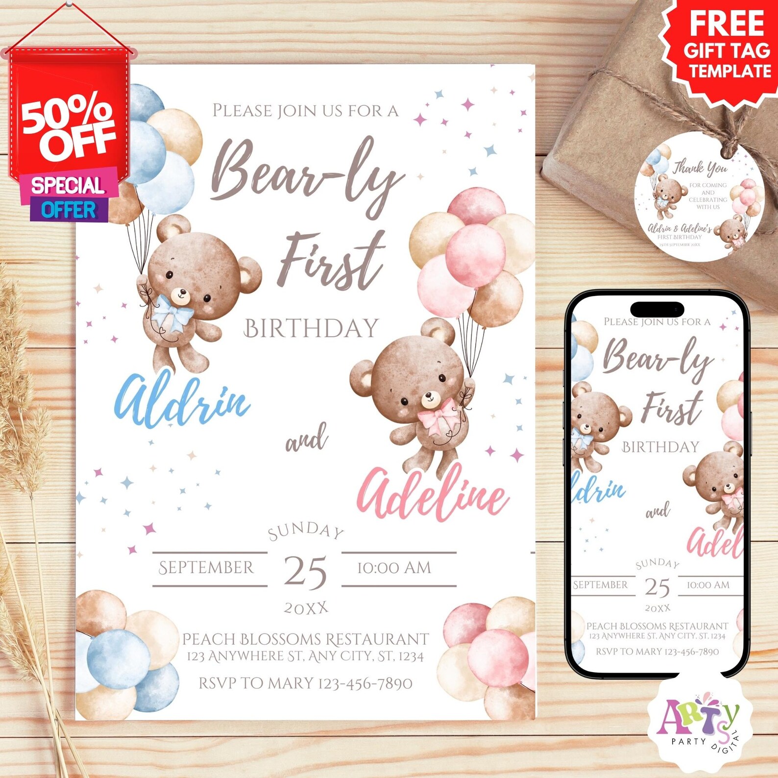 Twins Bear First Birthday Invitation: Boy Girl Party (editable Template ...