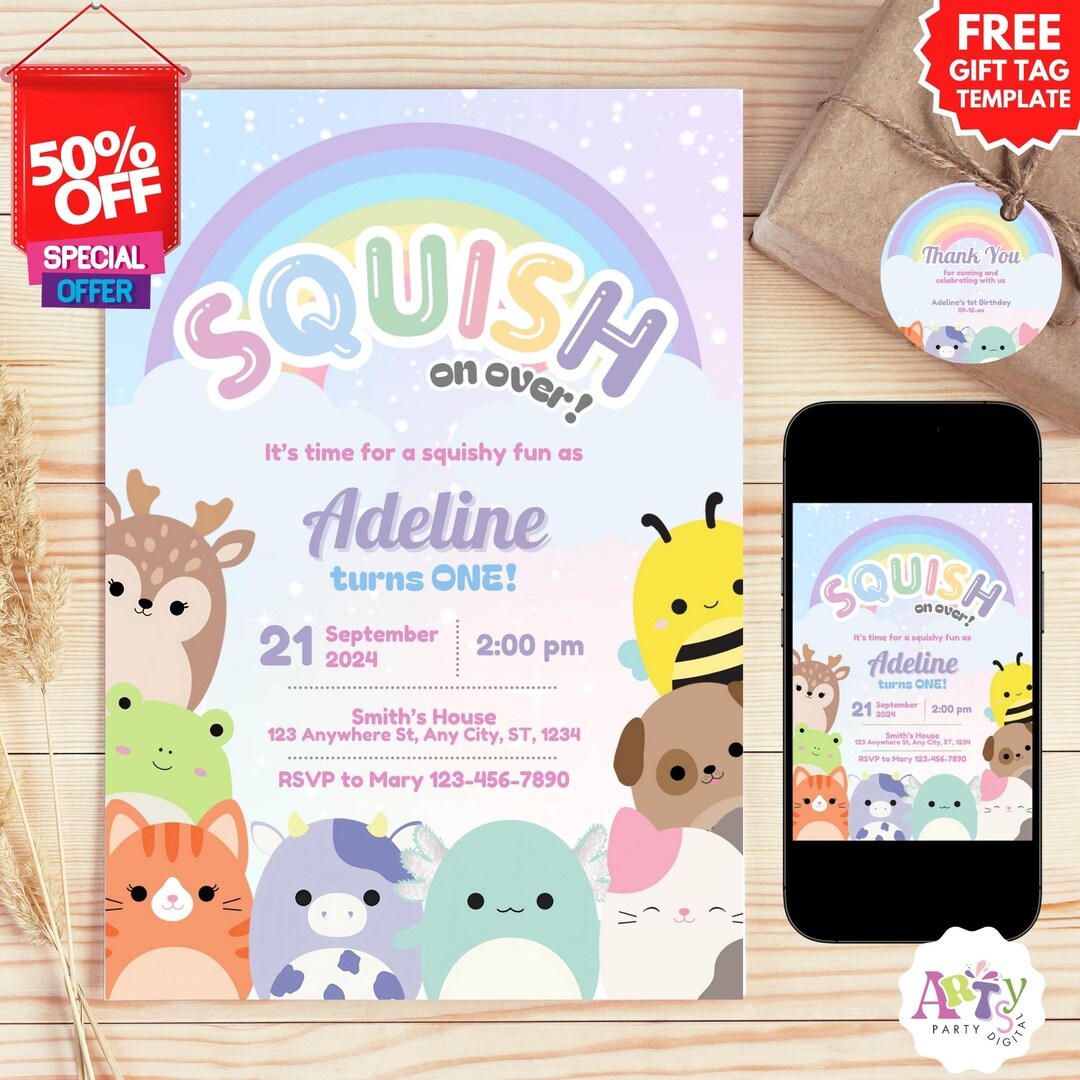 Squish First Birthday Invitation, Free Gift Tag Template, Squishmallow ...