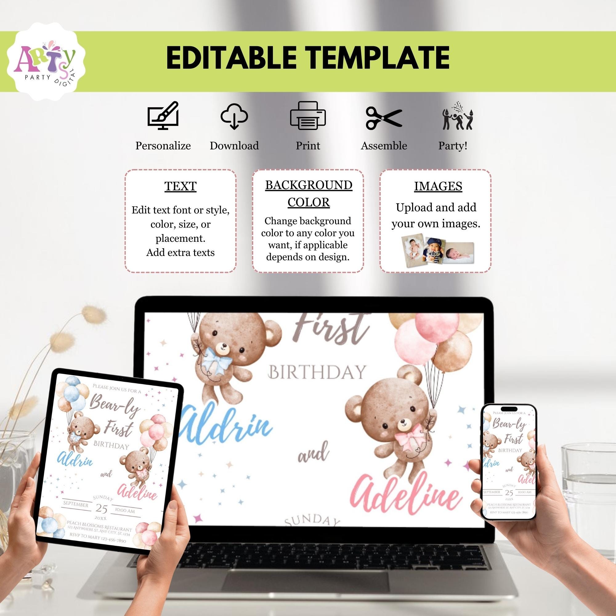Twins Bear First Birthday Invitation: Boy Girl Party (editable Template ...