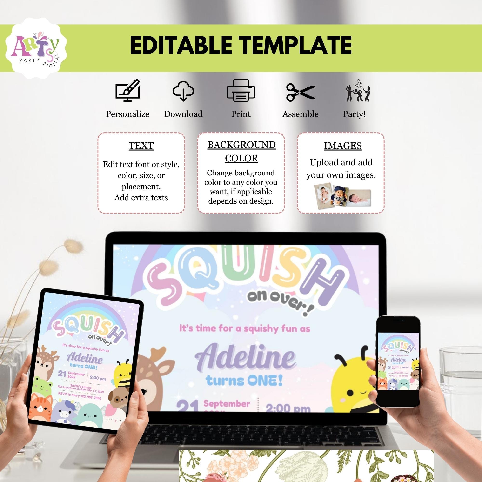 Squish First Birthday Invitation, Free Gift Tag Template, Squishmallow ...