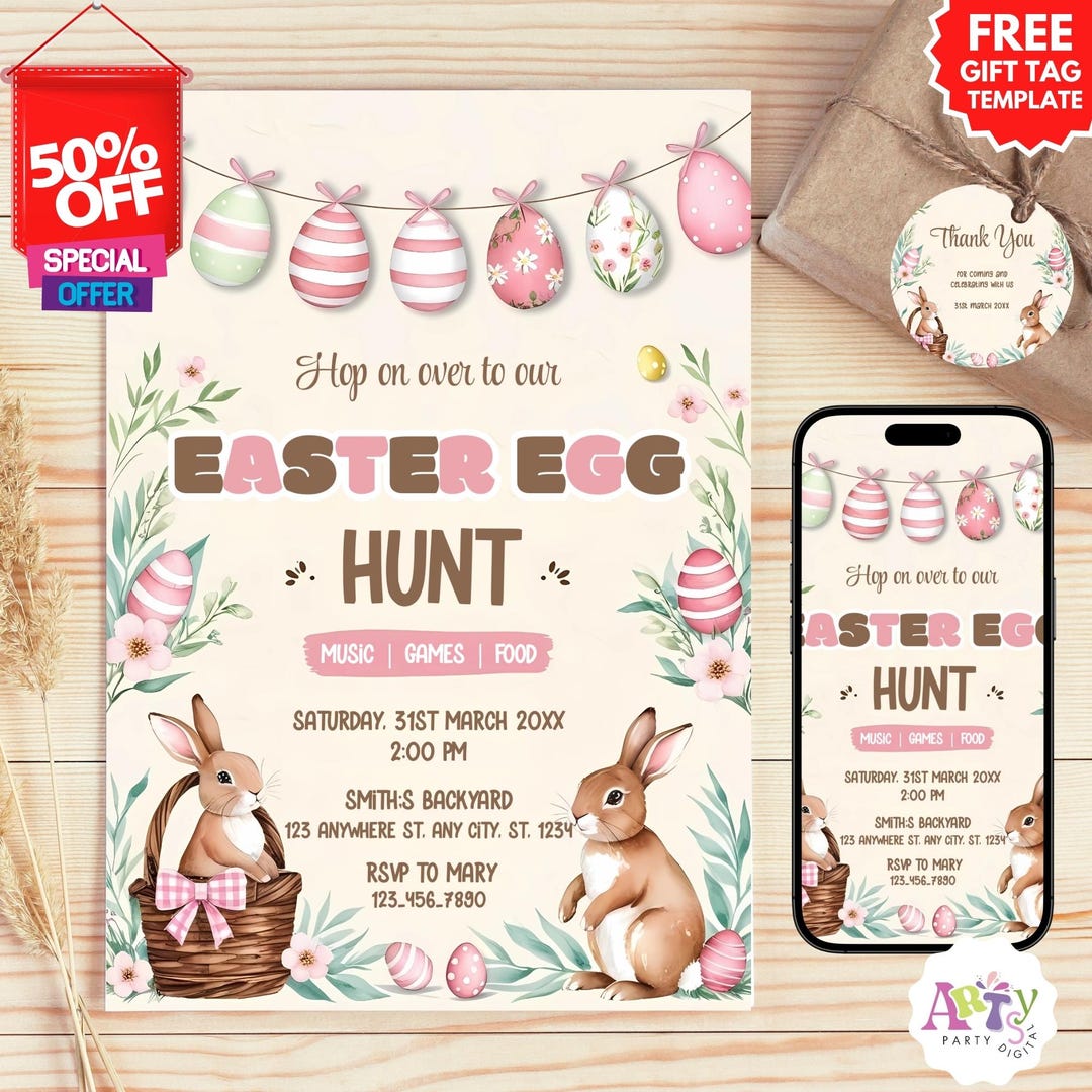 The Hunt is on Easter Egg Hunt Invite, FREE Gift Tag Template, Easter ...