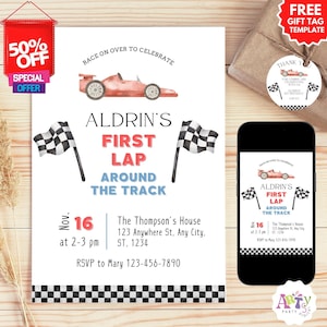 Race Car First Birthday Invitation, First Lap Around the Track Invite ...
