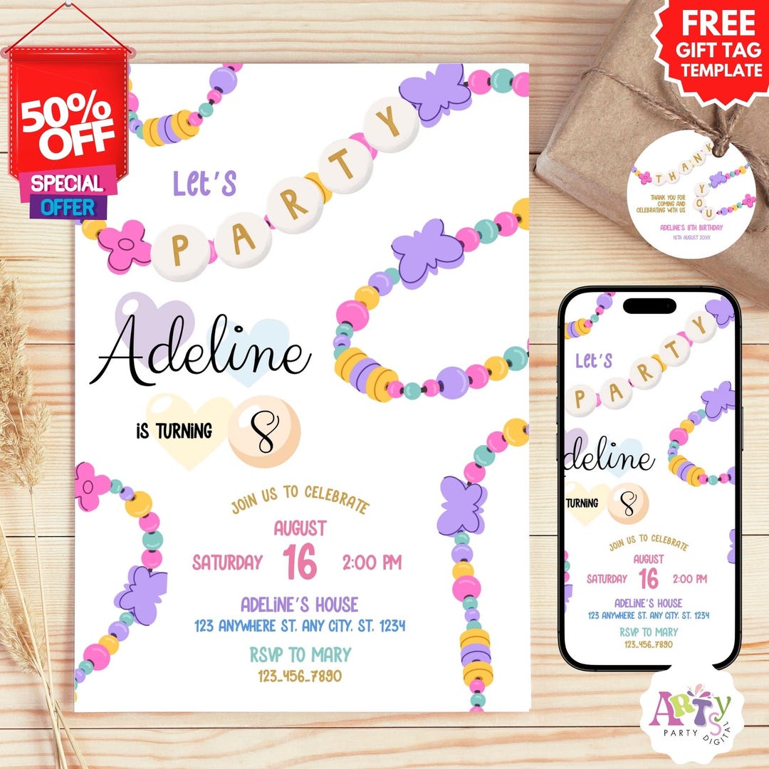 Friendship Bracelet Invitation, Girl Birthday Bead Bracelet Making ...