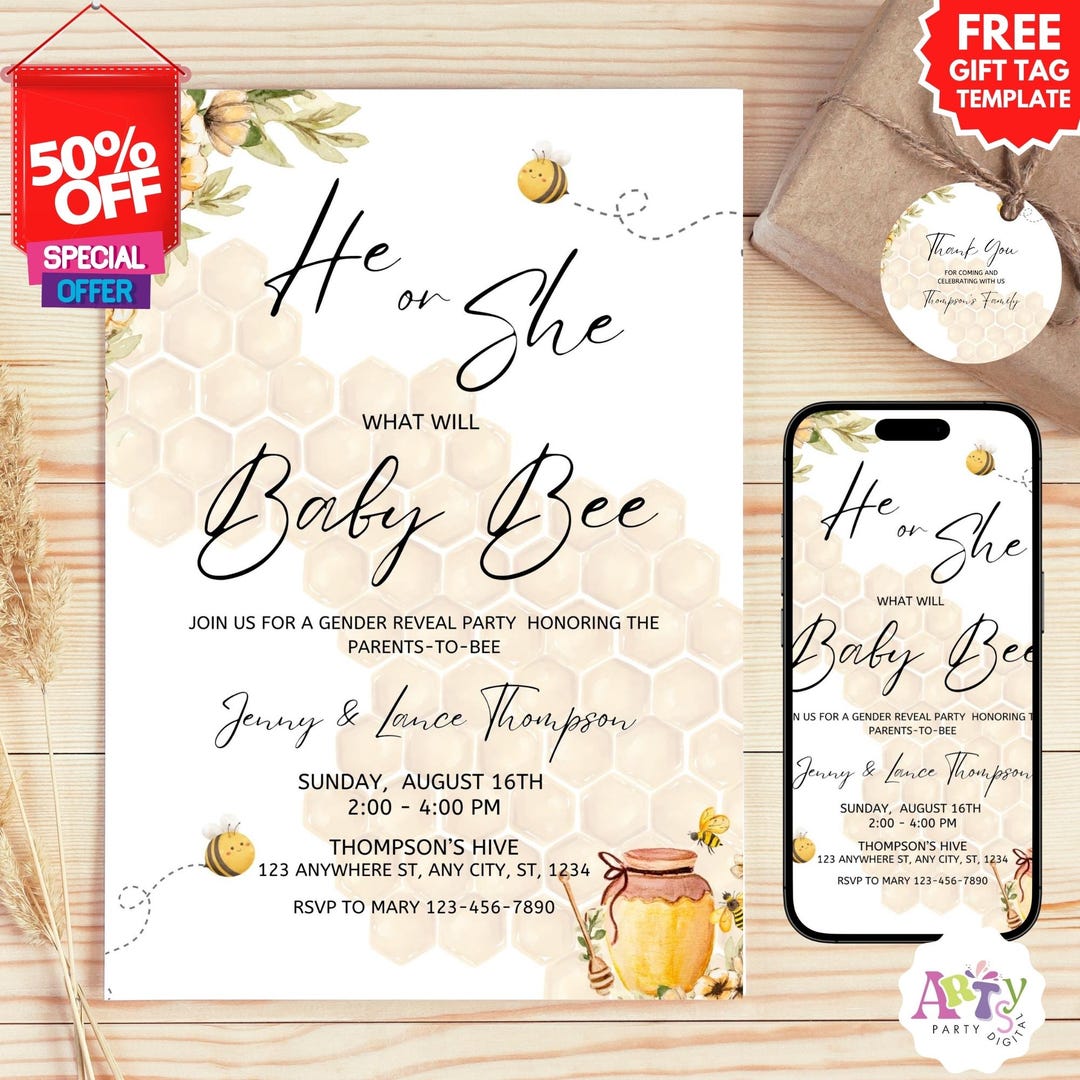 Honey Bee Gender Reveal Invitation: Editable Party Invite (digital ...