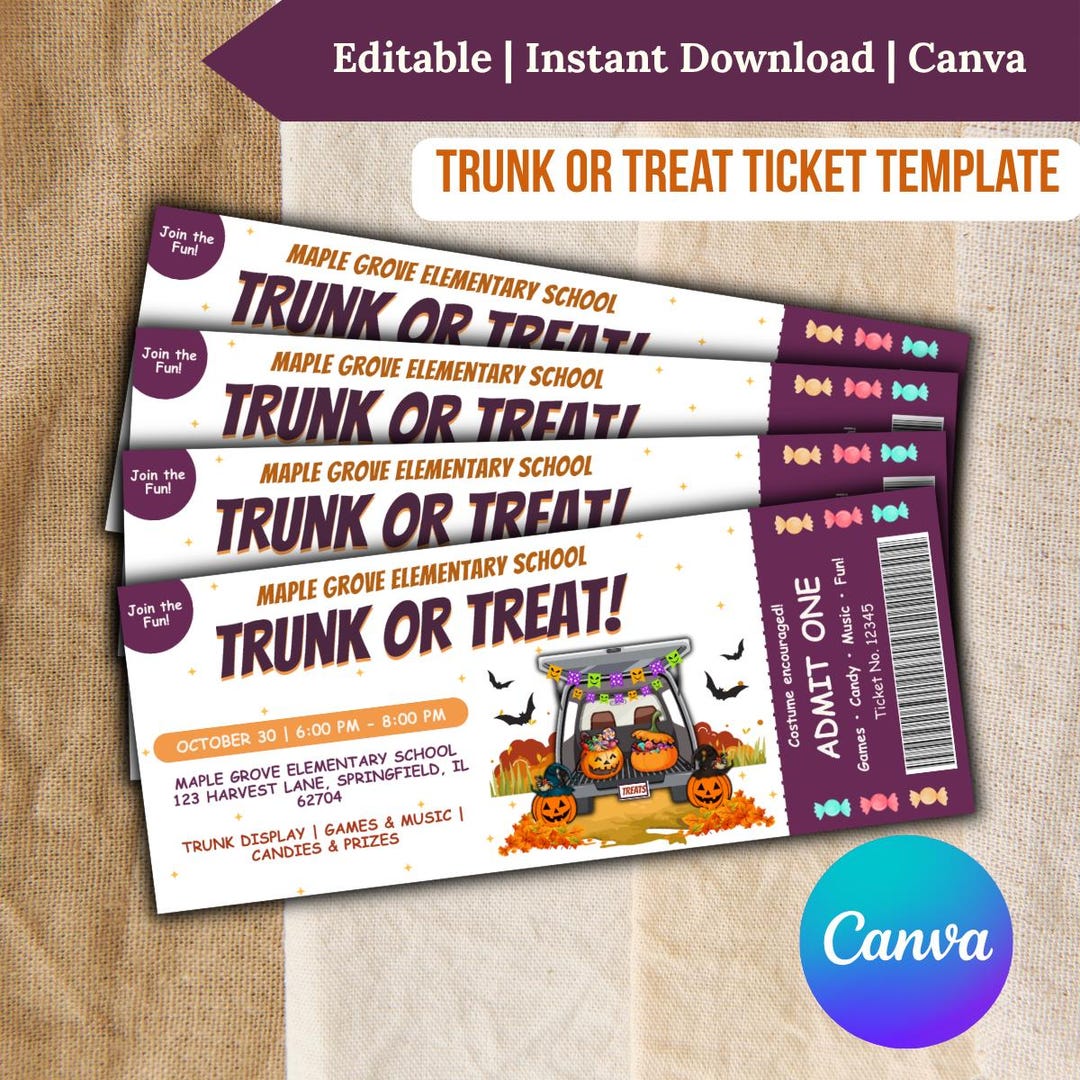 Trunk or Treat Ticket Template Printable Halloween Ticket 5x2 Inch US ...