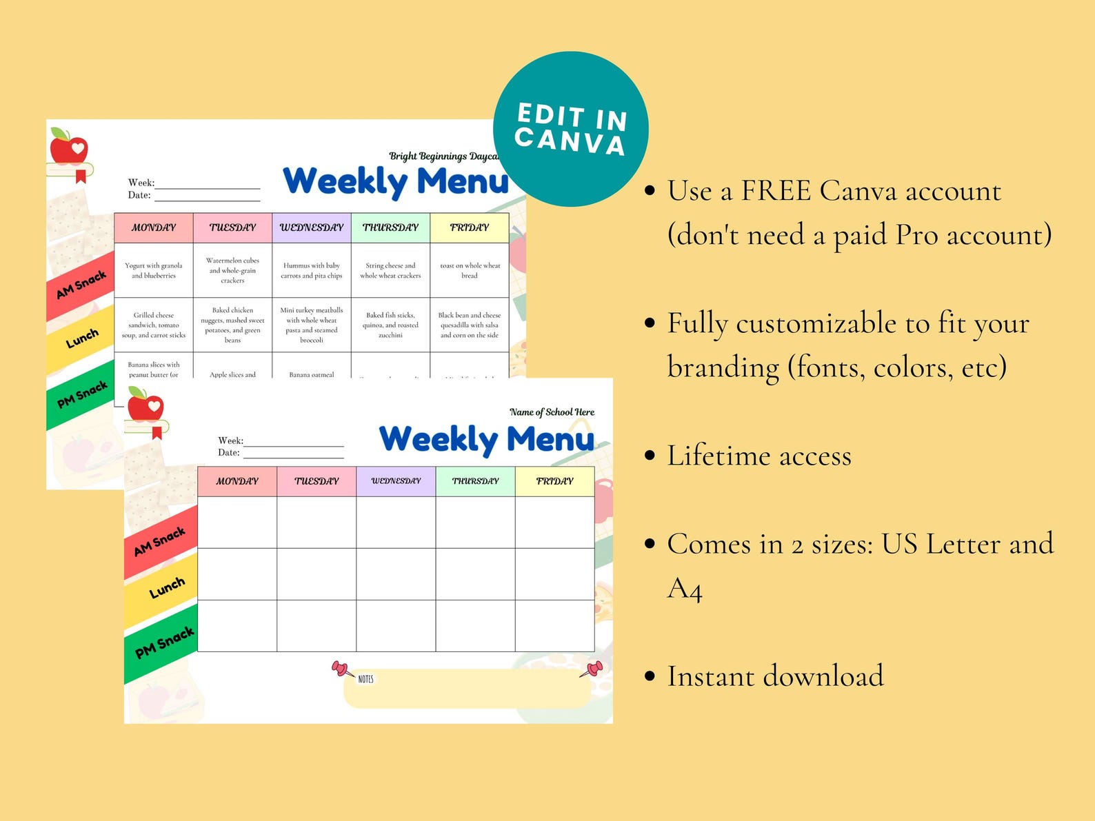 Editable Daycare Weekly Menu Template | Cute and Printable Meal Planner ...