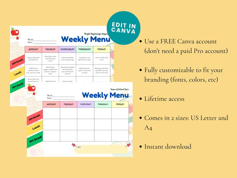 Editable Daycare Weekly Menu Template | Cute and Printable Meal Planner ...