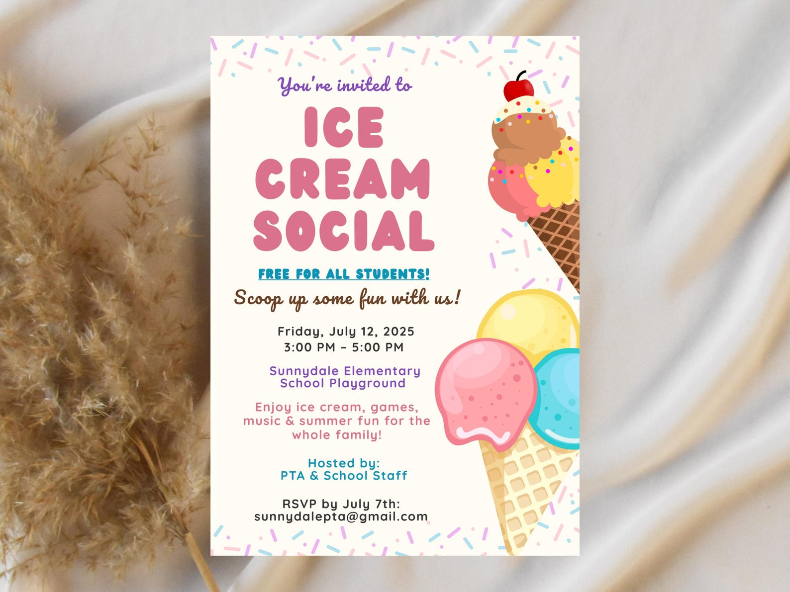 Editable Ice Cream Social Party Invitation Canva Template Summer School ...