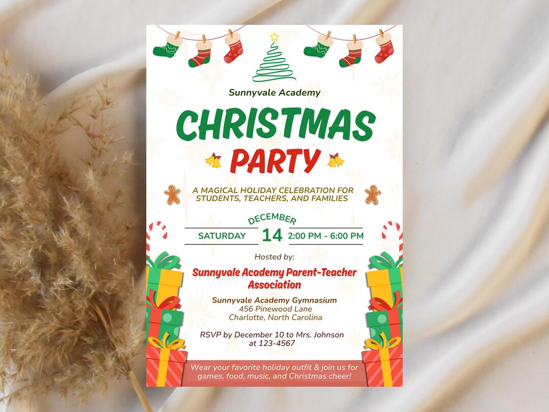 Editable School Christmas Party Invitation Template Holiday Classroom ...