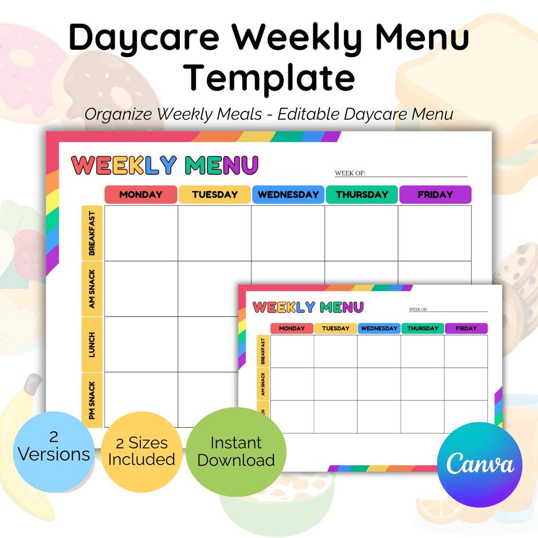 Editable Daycare Weekly Meal Schedule Template for Home Daycare ...