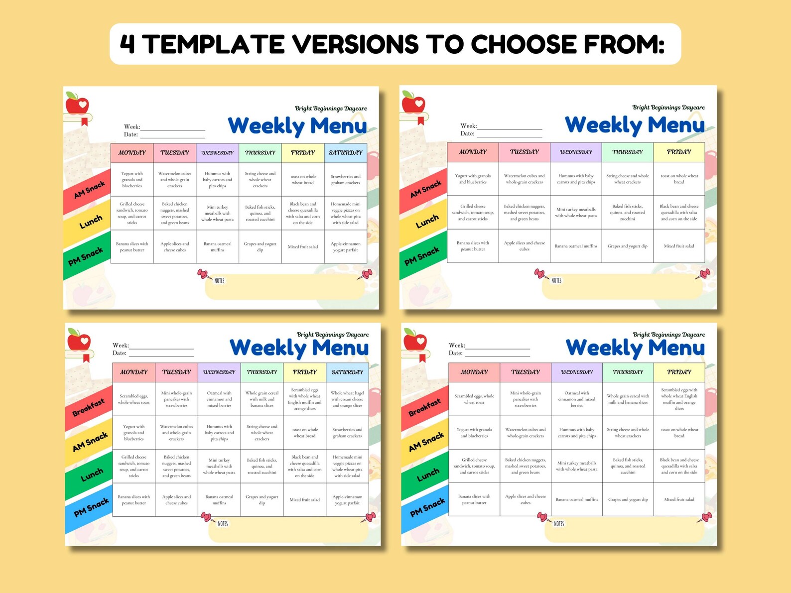 Editable Daycare Weekly Menu Template | Cute and Printable Meal Planner ...