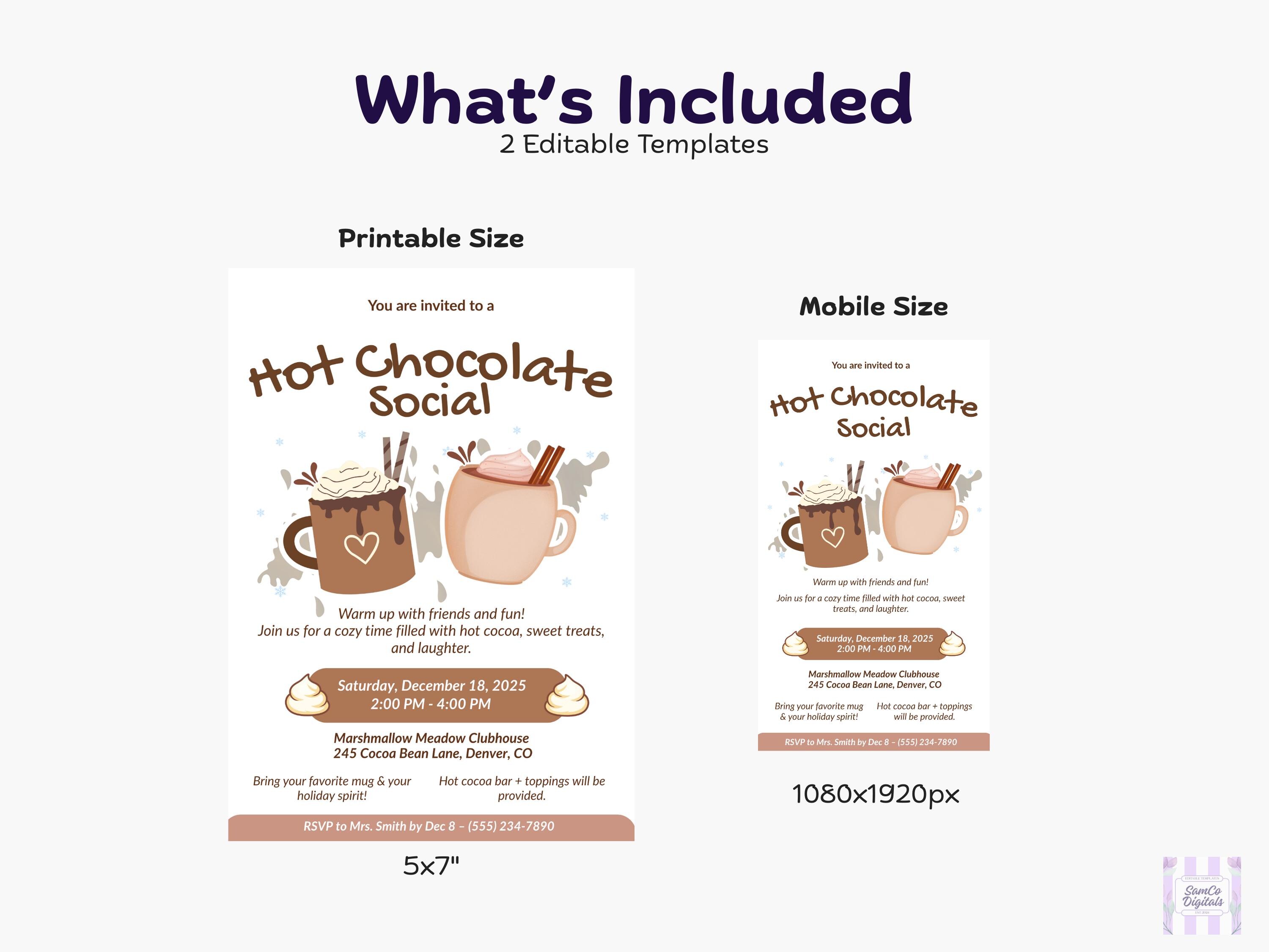 Editable Hot Chocolate Social Invitation Template | Winter Holiday ...