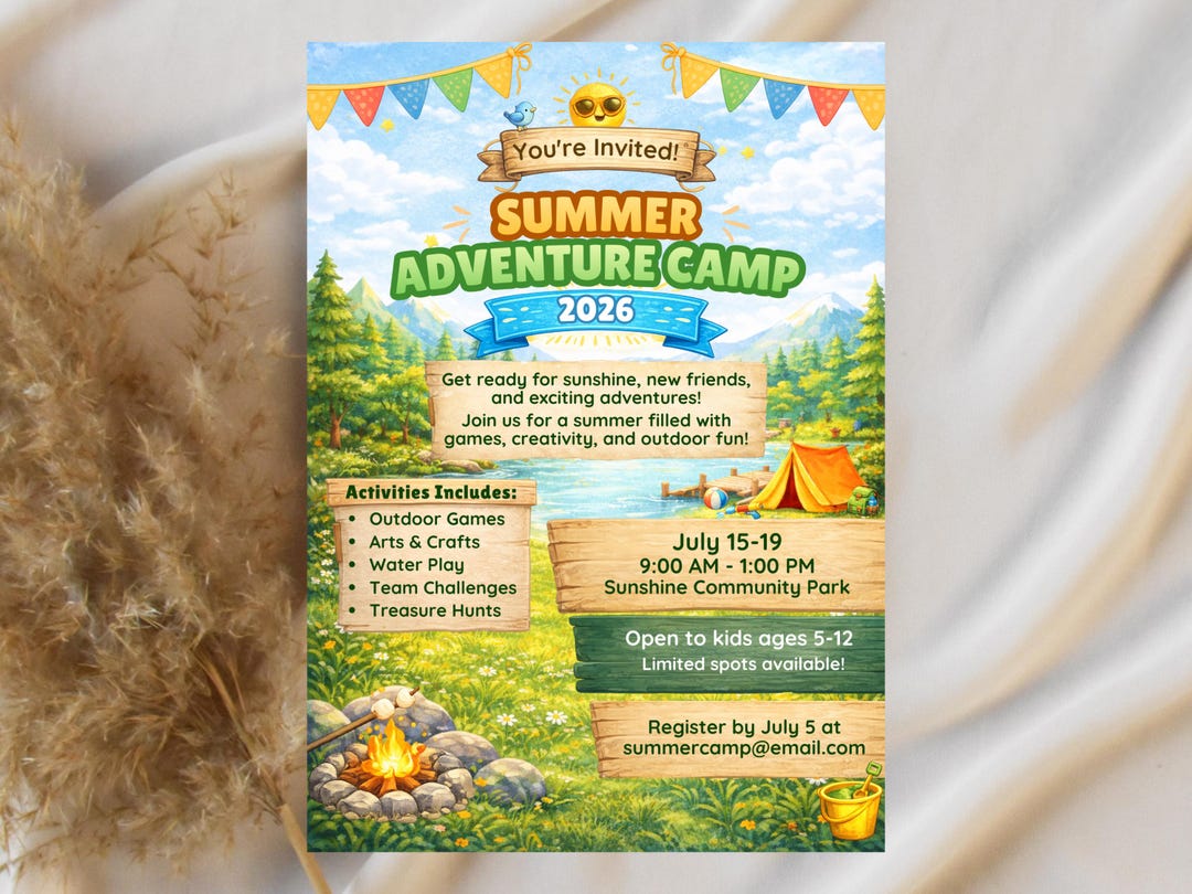 Editable Summer Camp Invitation Template Kids Adventure Camp Party ...