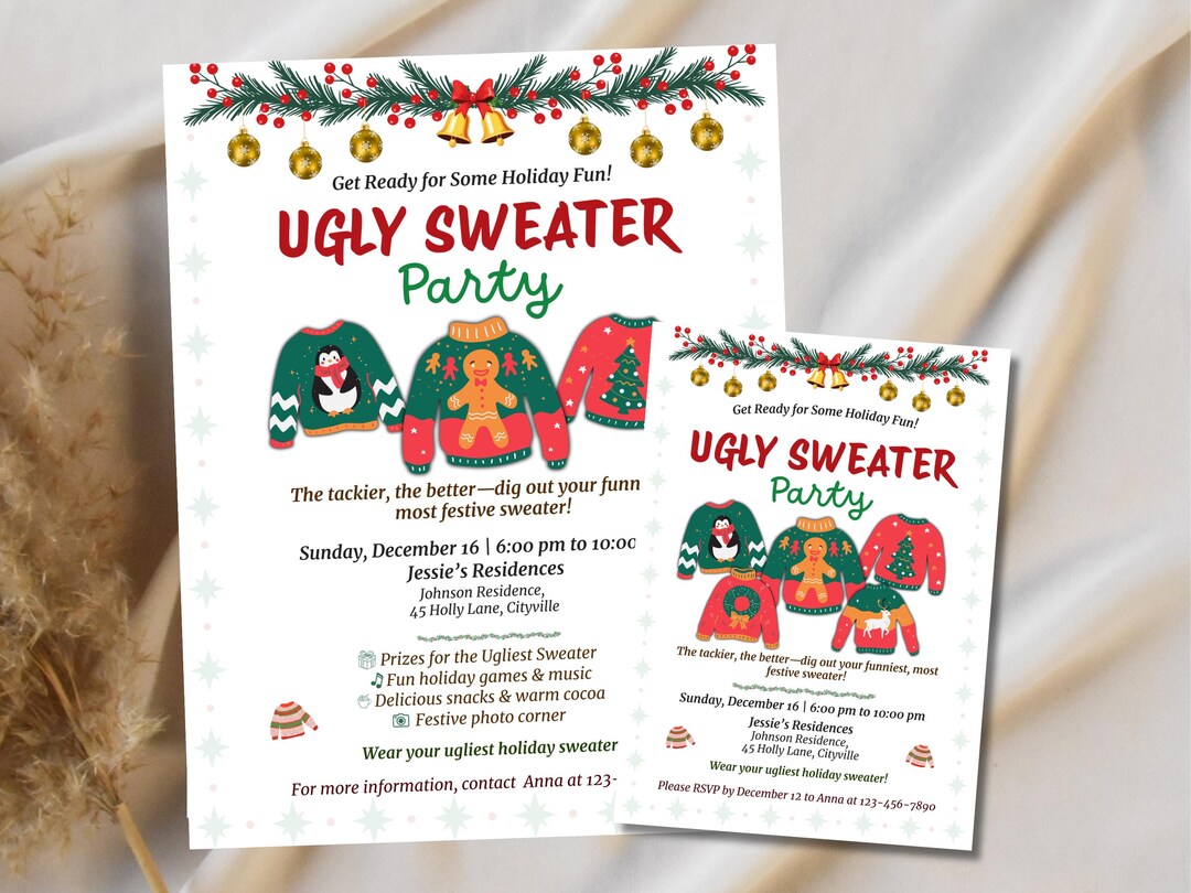 Editable Ugly Sweater Party Invitation and Flyer Bundle Template ...