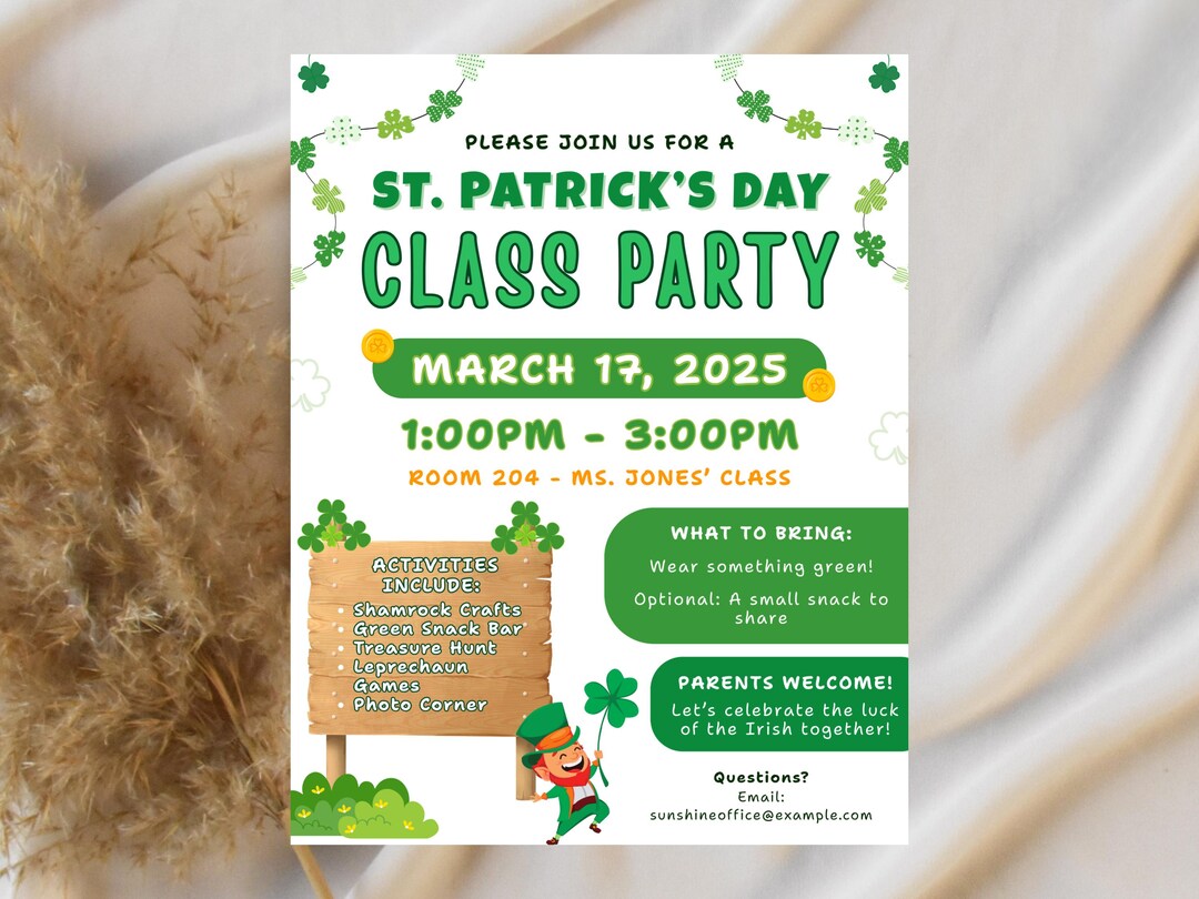 Editable St Patricks Day Class Party Flyer Template School Classroom ...
