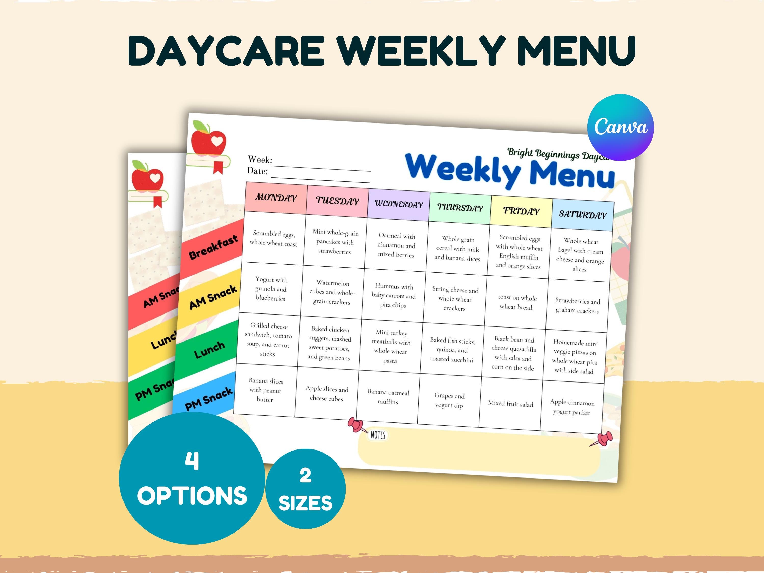 Editable Daycare Weekly Menu Template | Cute and Printable Meal Planner ...