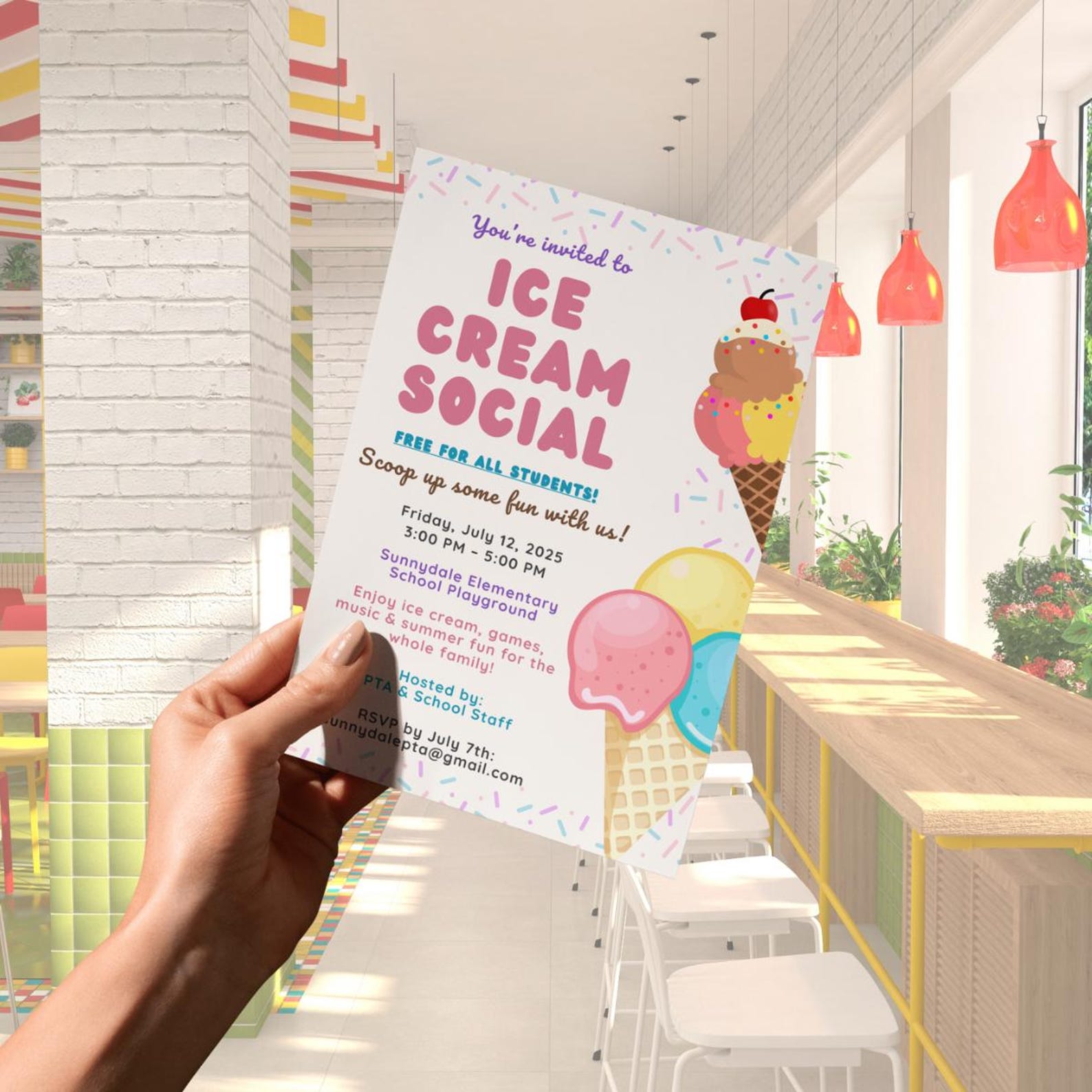 Editable Ice Cream Social Party Invitation Canva Template Summer School ...