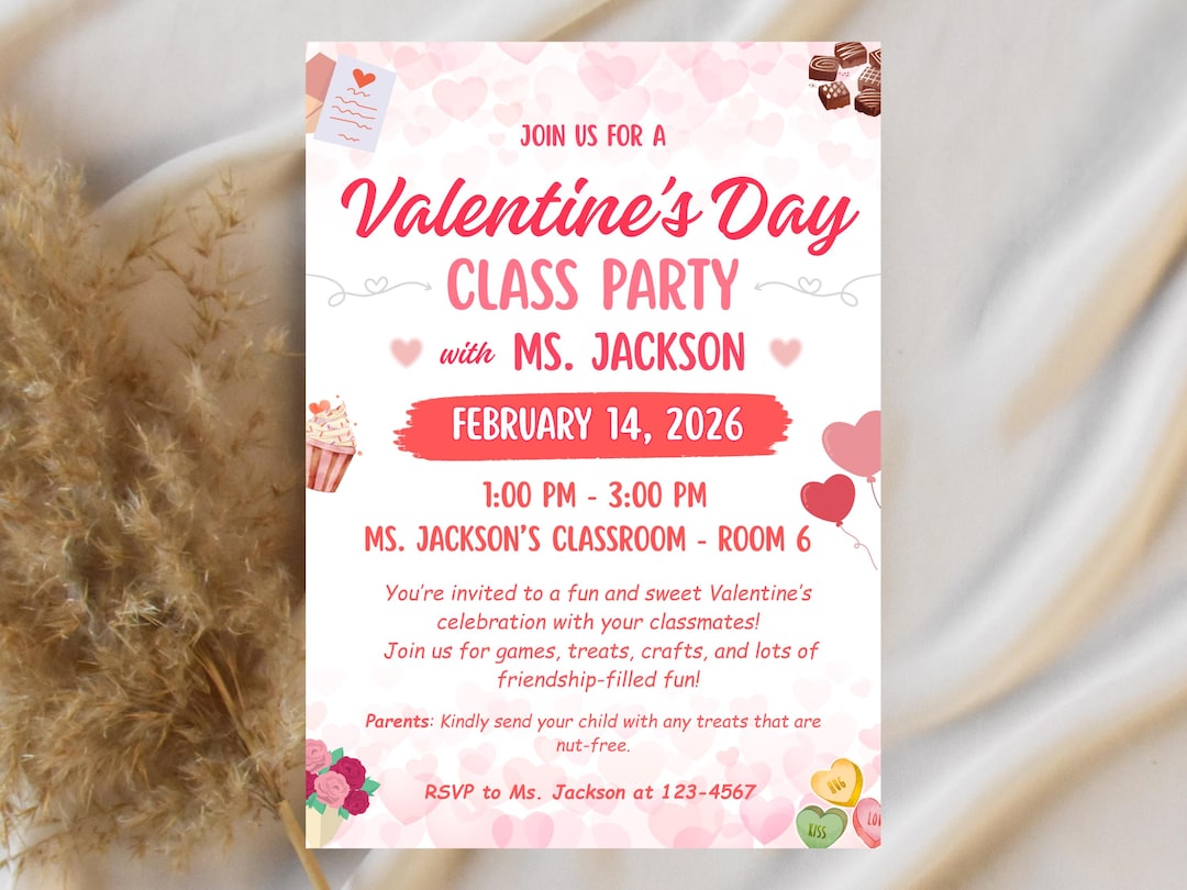 Editable Valentines Day Class Party Invitation Template School ...
