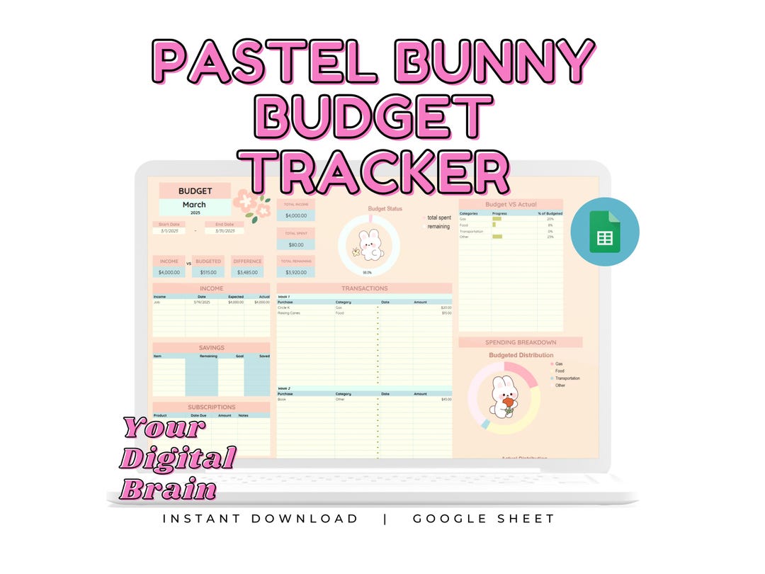 Pastel Bunny Budget Template Google Sheets | Monthly Budget Tracker ...