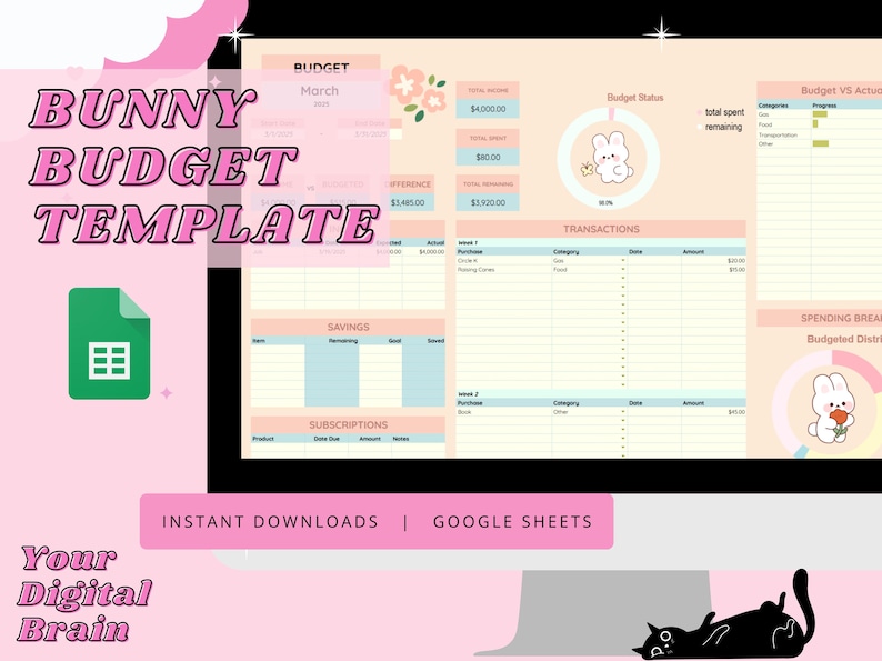 Pastel Bunny Budget Template Google Sheets | Monthly Budget Tracker ...