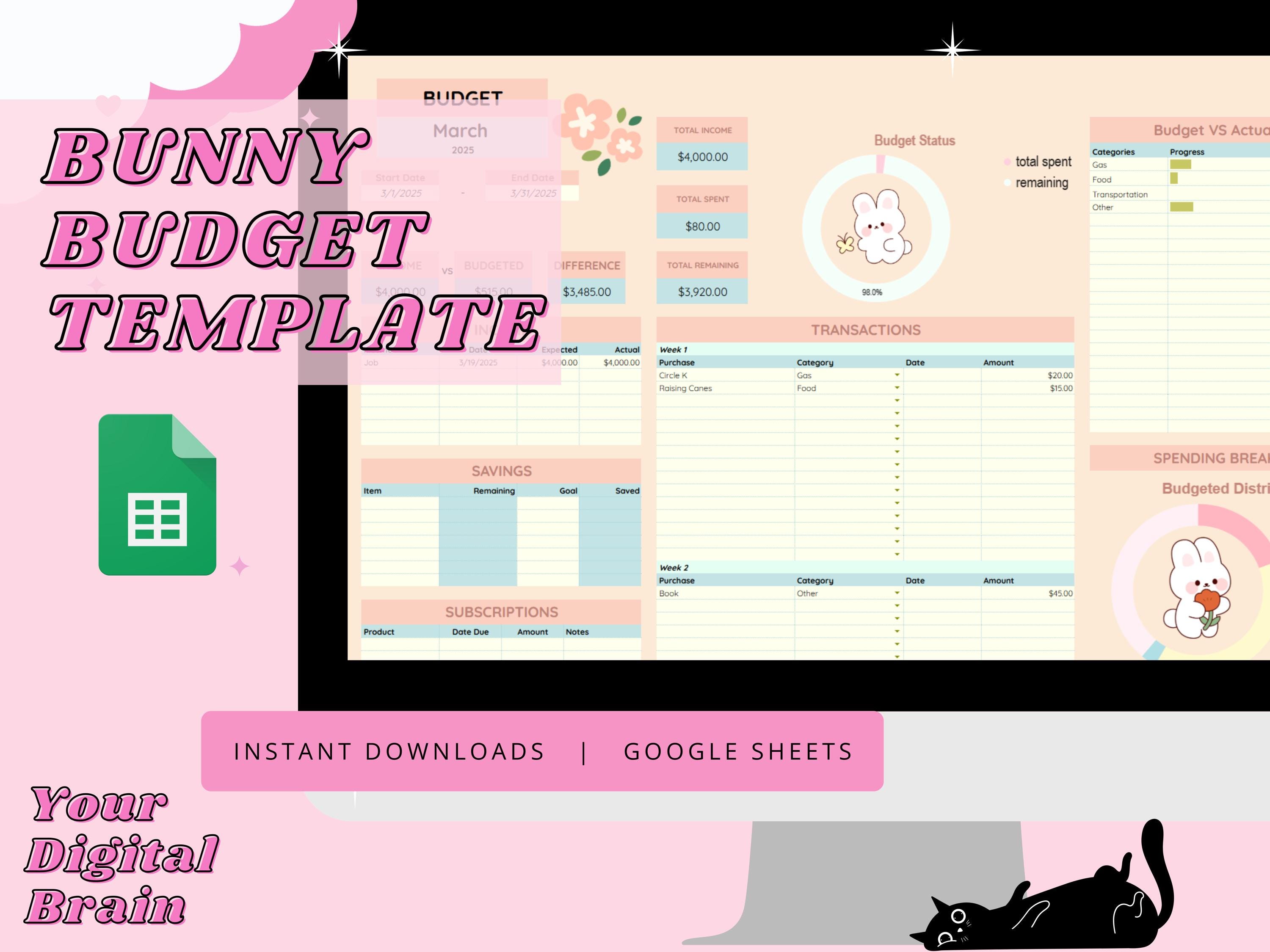 Pastel Bunny Budget Template Google Sheets | Monthly Budget Tracker ...