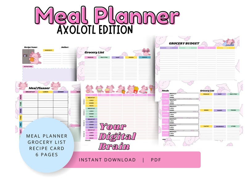 Axolotl Meal Planner Bundle | Kawaii Digital Planner | Weekly Meal Prep Printable | Grocery List ...