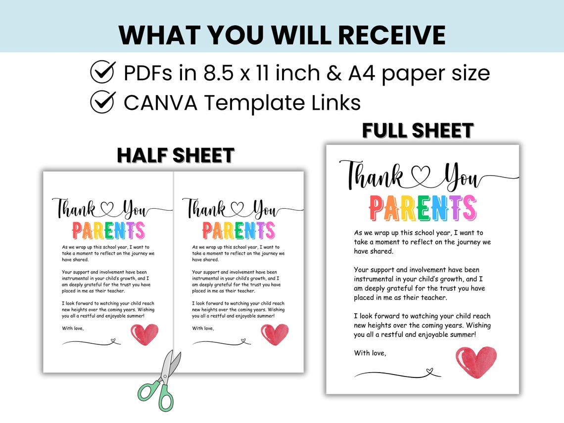 Teacher Thank You Letter to Parents, End of Year Gift (PDF and Canva ...