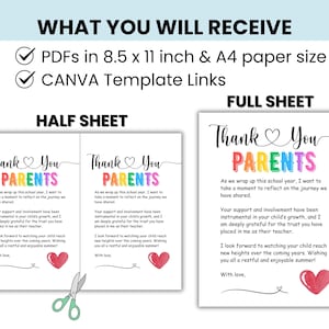 Teacher Thank You Letter to Parents, End of Year Gift (PDF and Canva ...