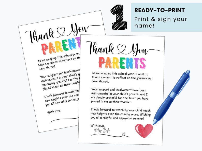 Teacher Thank You Letter to Parents, End of Year Gift (PDF and Canva ...