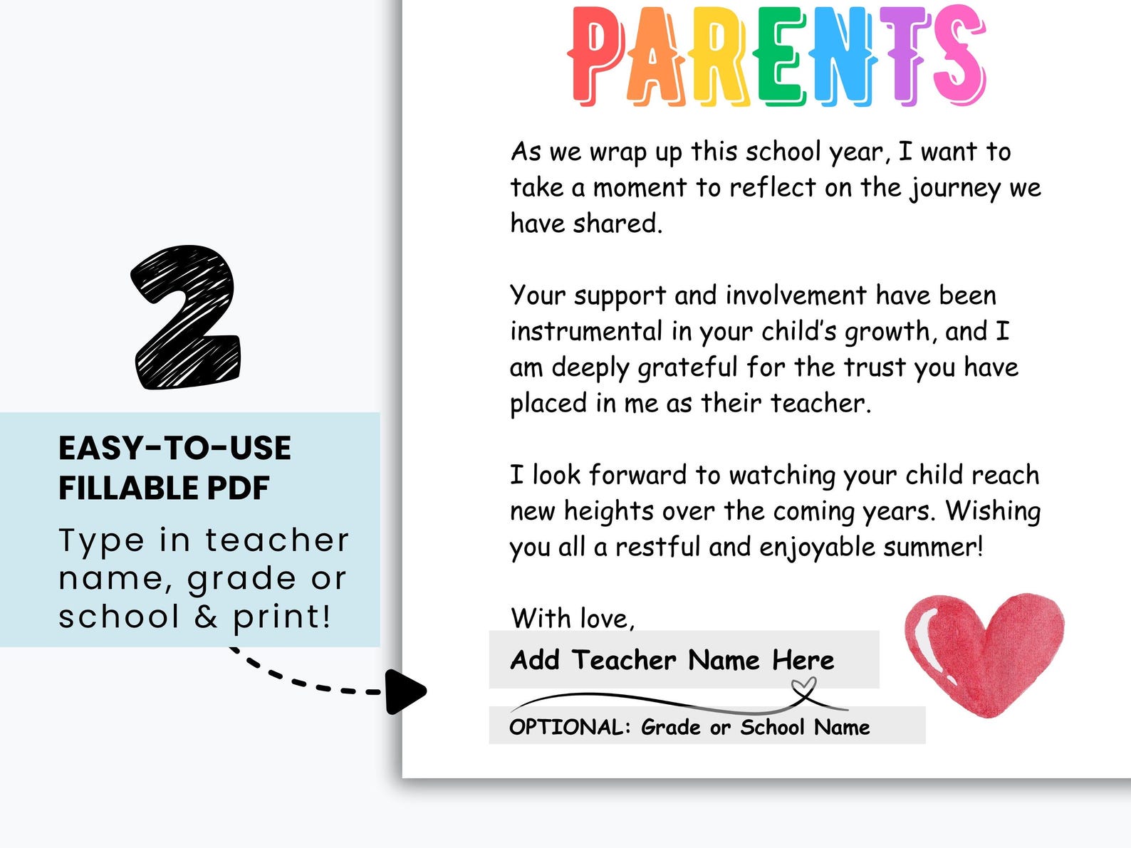 Teacher Thank You Letter to Parents, End of Year Gift (editable PDF ...