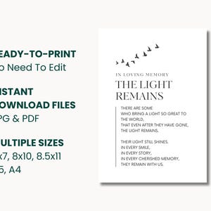 The Light Remains Printable, Funeral Memory Table Sign, Poem for Dad's ...