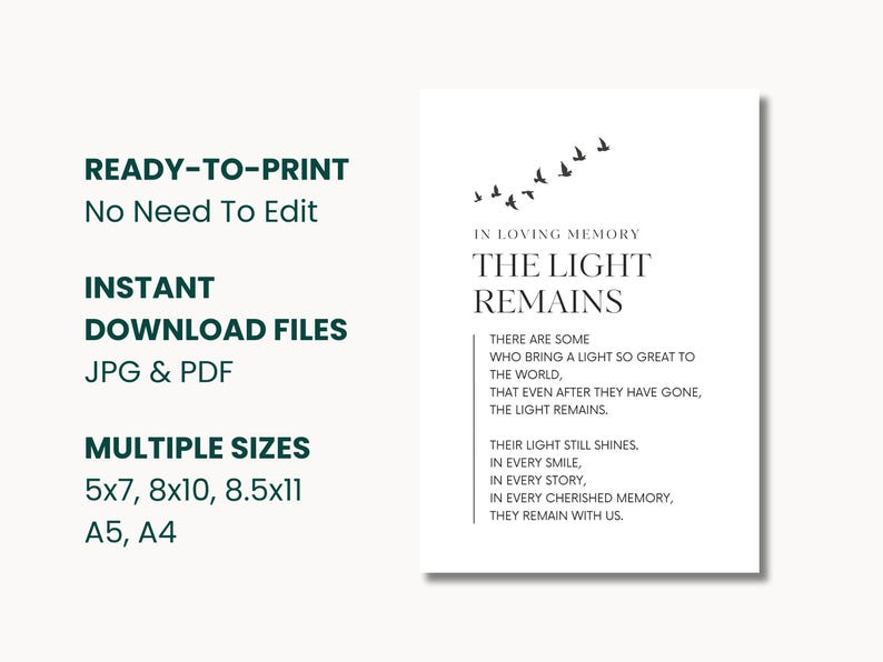 The Light Remains Printable, Funeral Memory Table Sign, Poem for Dad's ...