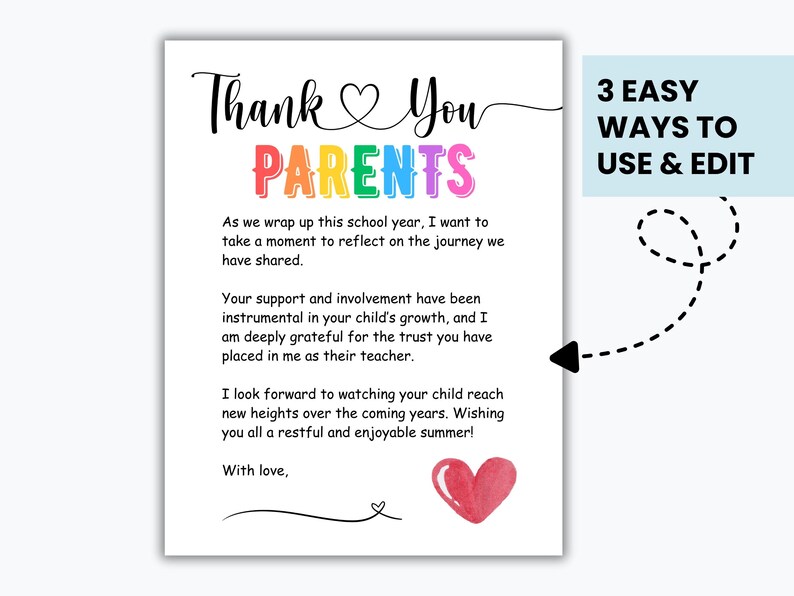 Thank You to Parents From Teacher, Parent Thank You Letter for End of ...