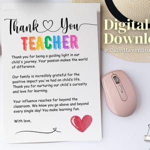 Teacher Thank You Letter From Parents, End of Year Gift (editable PDF ...