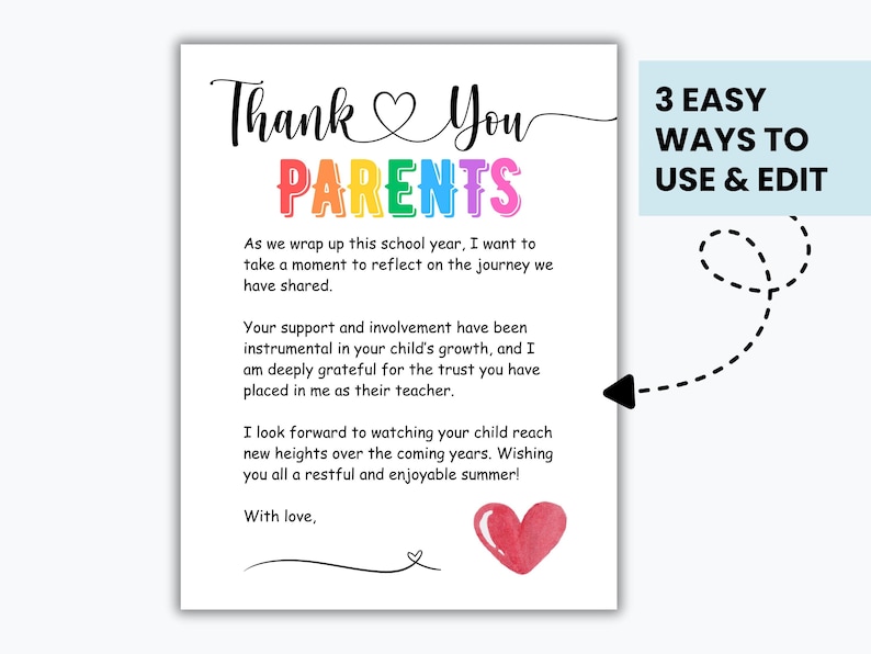 Teacher Thank You Letter to Parents, End of Year Gift (PDF and Canva ...