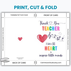 Printable Music Teacher Thank You Card, Music Note Thank You Card for ...