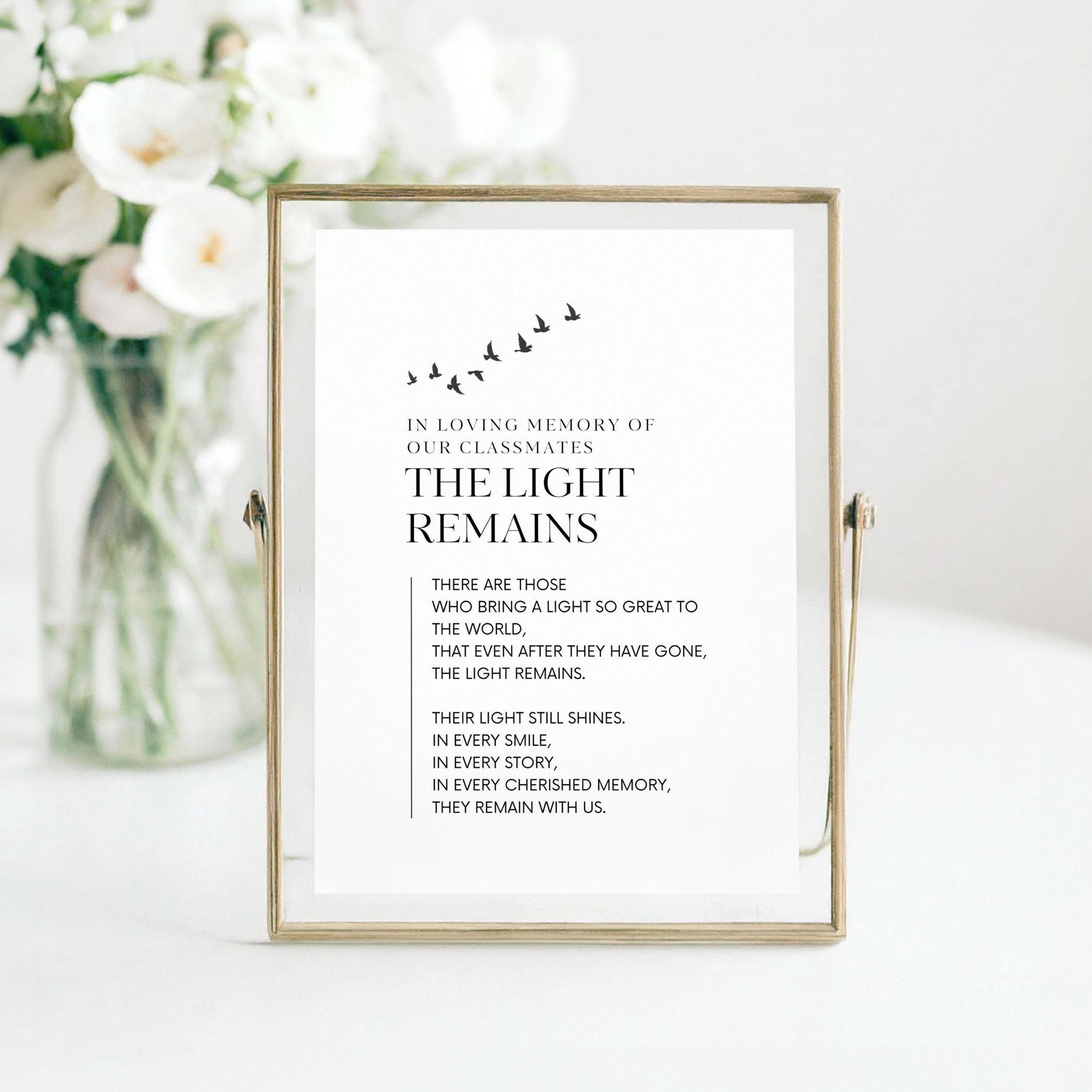 PRINTABLE Memory Table Sign for Class Reunion, the Light Remains ...