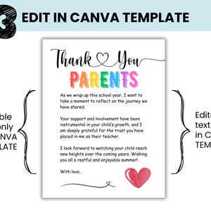 Teacher Thank You Letter to Parents, End of Year Gift (PDF and Canva ...