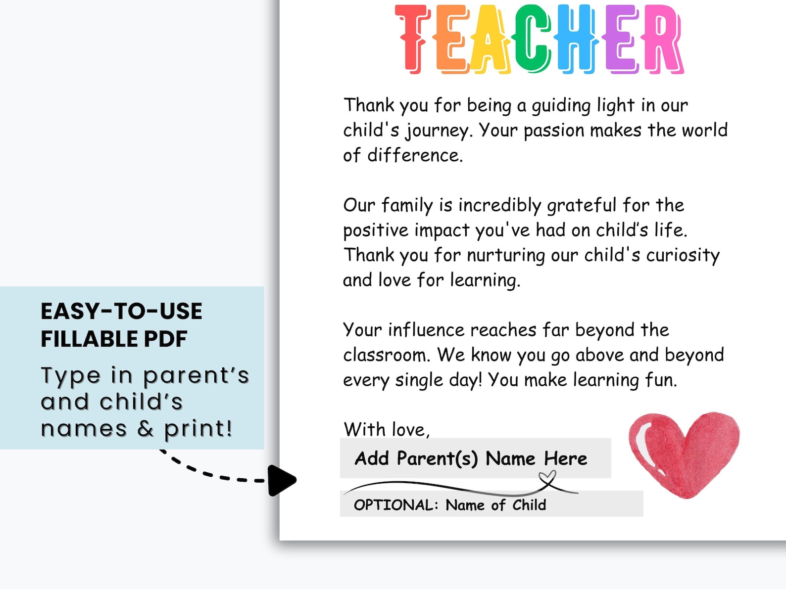 Teacher Thank You Letter From Parents, End of Year Gift (editable PDF ...