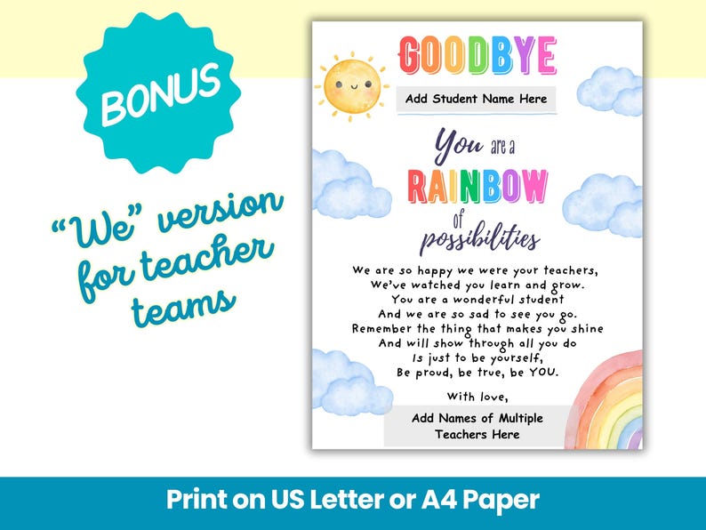 Teacher End of Year Poem, Student Goodbye Gift (editable PDF) - Etsy